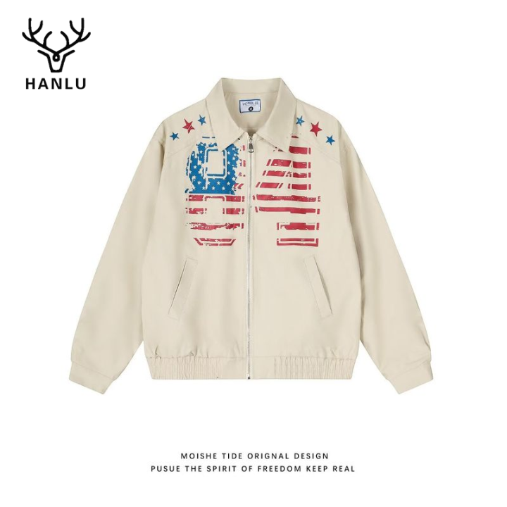Hanlu กระเป๋าคู่ทรงหลวมสำหรับผู้ชายเสื้อแจ็คเก็ตแฟชั่นพิมพ์ลายอเมริกา ...