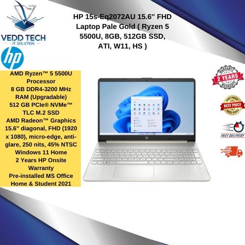 HP 15s-Eq2072AU 15.6'' FHD Laptop Pale Gold ( Ryzen 5 5500U, 8GB, 512GB ...
