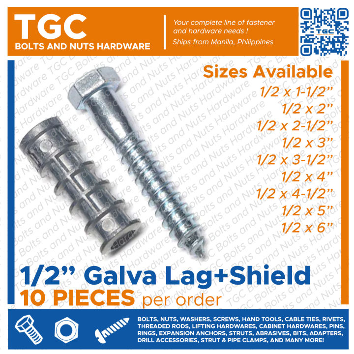 10PCS 1/2 inches Lag Screw with Expansion Shield Galvanized / Lagscrew ...