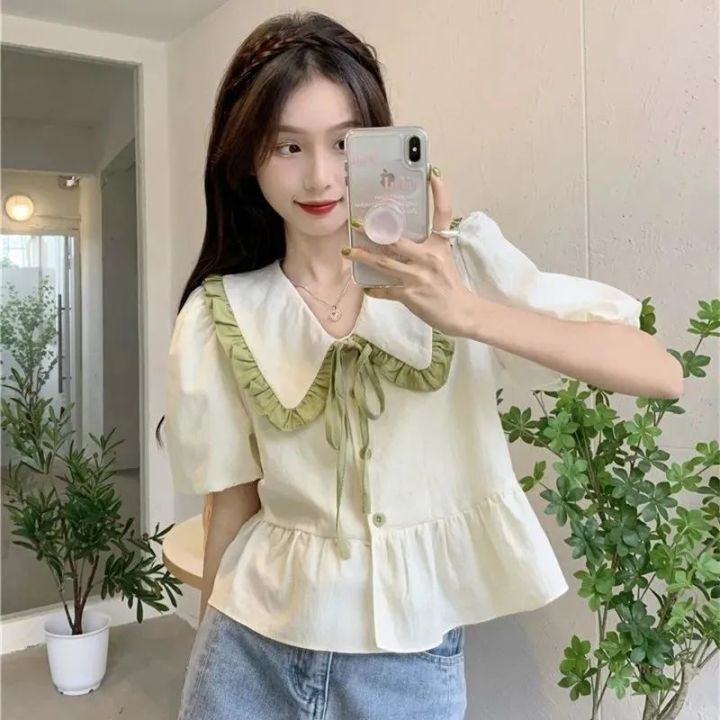 Baby Collar Puff Sleeve Women Shirt Design Sense Niche Blouse Korean ...