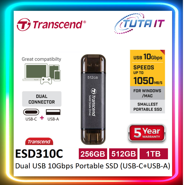 TRANSCEND EXT SSD ESD310C DUAL USB 10 GBPS EXTERNAL PORTABLE SSD WITH ...