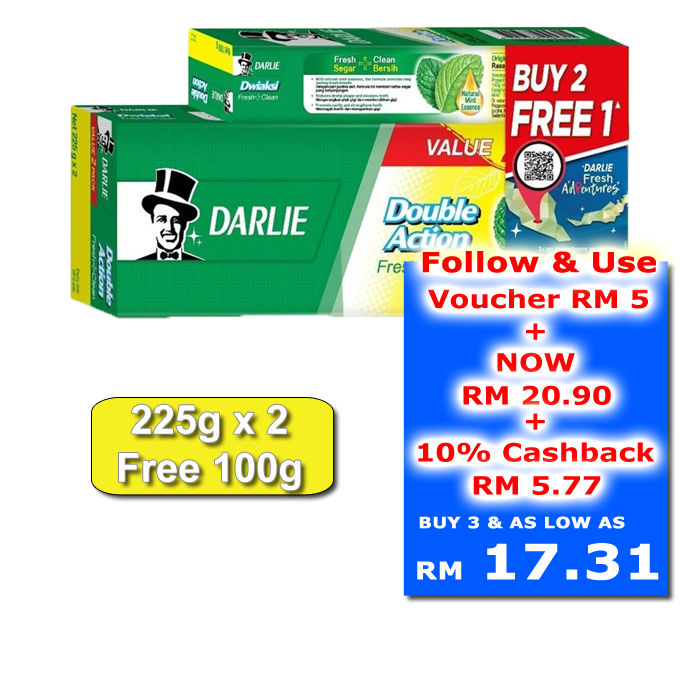 Darlie Double Action Toothpaste 225g x2 (Free 75g / 2x40g / 100g) | Lazada