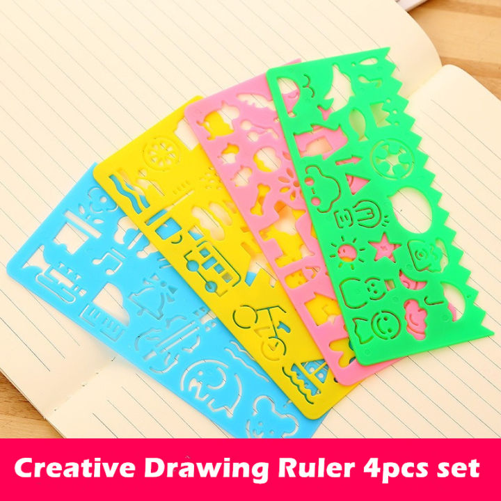 4pcs Set Creative Drawing Ruler Kids Stationery 4 Color Fun Drawing ...