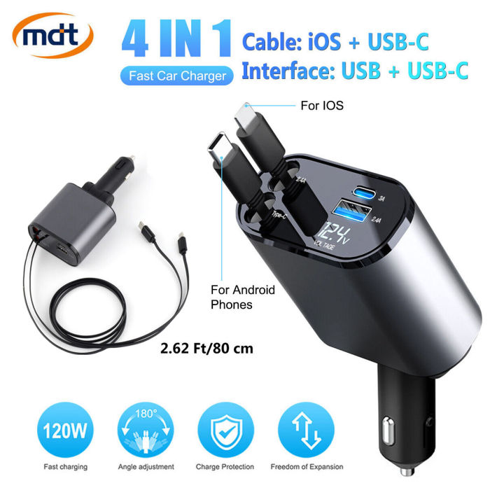 4 in 1 USB Car Fast Charger with Retractable Cable Type C & IOS Car ...