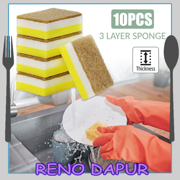 10 PCS DISHWASH SPONGE 3 Layer Sponge Scouring Pads Pot Stain Removal Sponge Cuci Pinggan ...