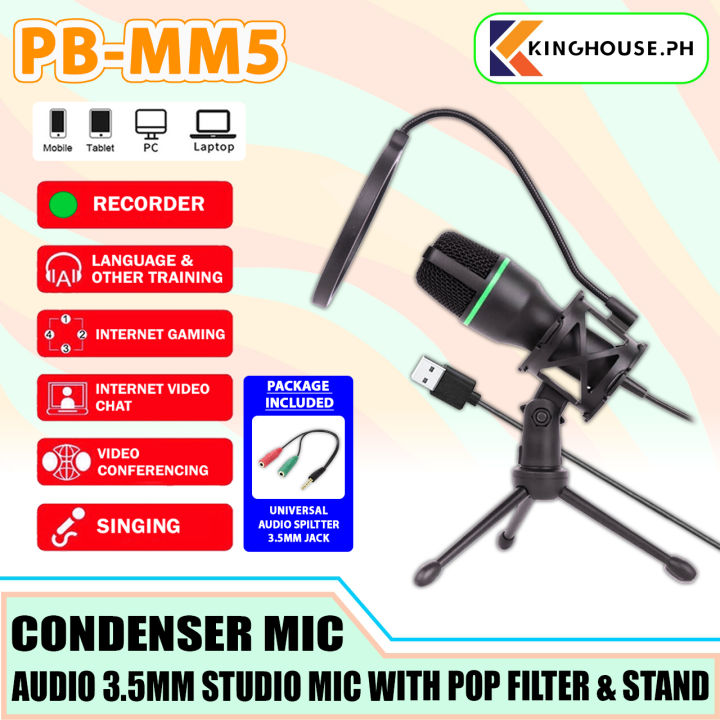 PB-MM5 3.5mm Condenser Microphone With Tripod Stand + Pop Filter + Shock Mount Mic Holder ( For ...
