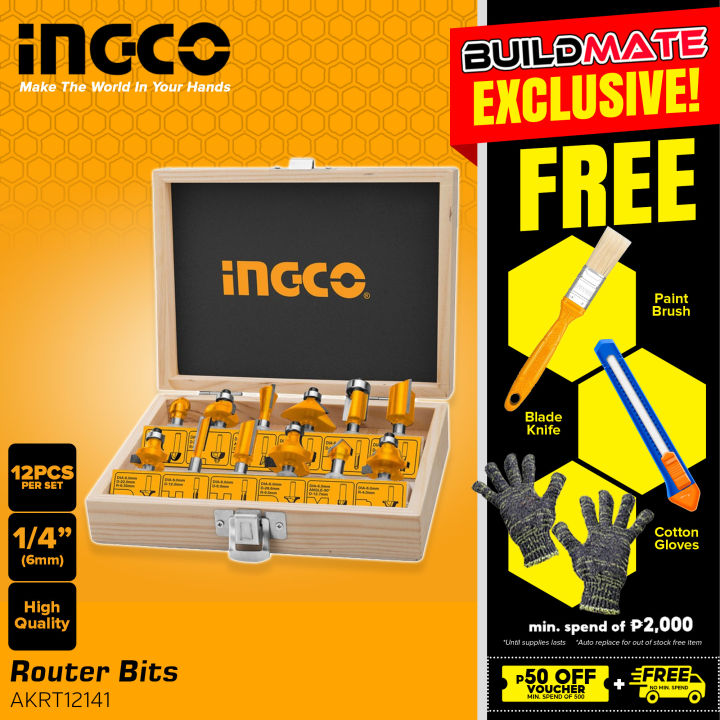 INGCO Router Bits 12PCS/SET 6mm (1/4") AKRT12141 •BUILDMATE• IHT ...