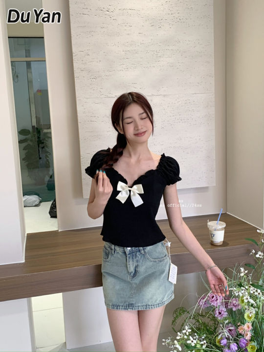 Du Yan เสื้อยืดผู้หญิงพายแขนพายหวานสไตล์ศาลฝรั่งเศส | Lazada.co.th