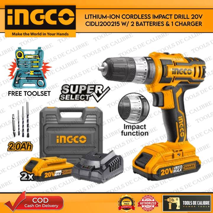 INGCO 20V Lithium-Ion Cordless Impact Drill CIDLI200215 P20S POWERSHARE ...