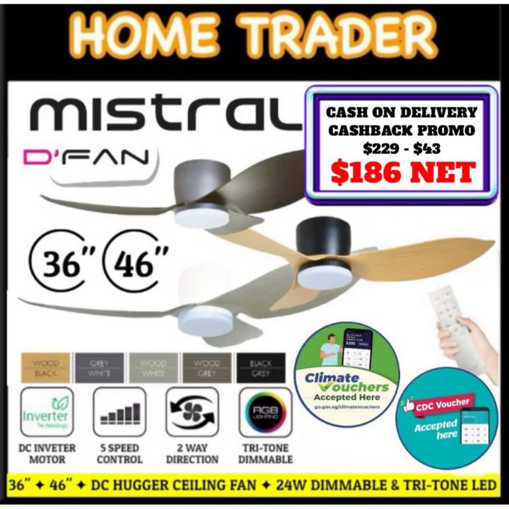 CASH ON DELIVERY MISTRAL DC HUGGER CEILING FAN 24W TRI-TONE LED LIGHT SOLAR D'Fan | Lazada Singapore
