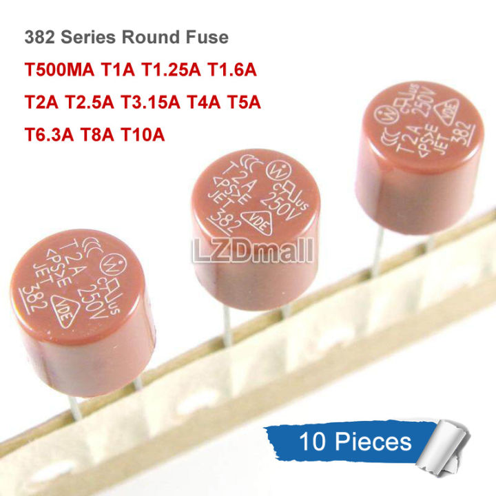 10pcs/lot 382 Cylindrical Slow Blow Fuse T500MA T1A T1.25A T1.6A T2A T2 ...