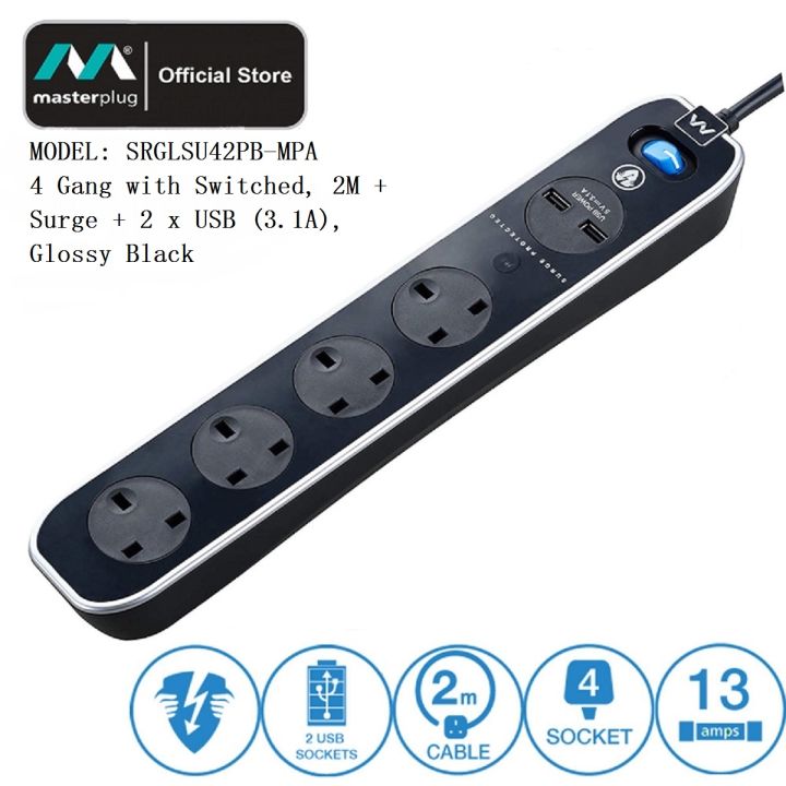 MASTERPLUG -4 Gang with Switched, 2M + Surge + 2 x USB (3.1A), Glossy ...
