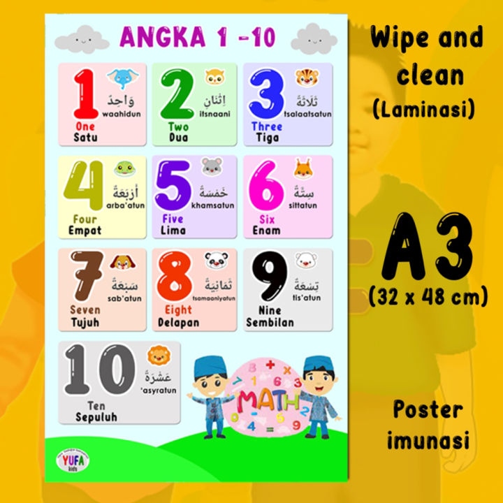 100 Poster angka 1 - 10 3 bahasa- Poster Edukasi Anak - Poster belajar ...