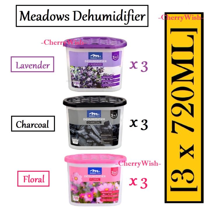 (3x 720ML) Meadows Active Charcoal / Lavender / Floral Dehumidifier ...
