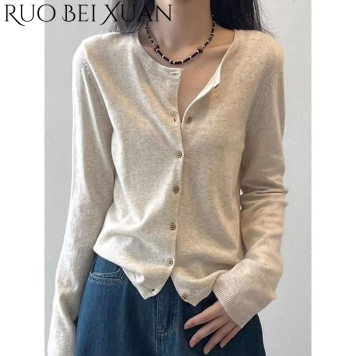 Ruo Bei Xuan เสื้อถักสำหรับผู้หญิง,เสื้อถักแขนยาวลายทางกลมบางเข้ากับคอ ...