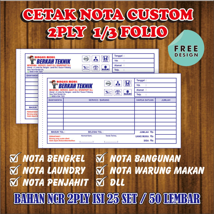 Cetak Nota Custom Nama Sendiri Ukuran 1/3 Folio 2ply Isi 50 Lembar / 25 ...