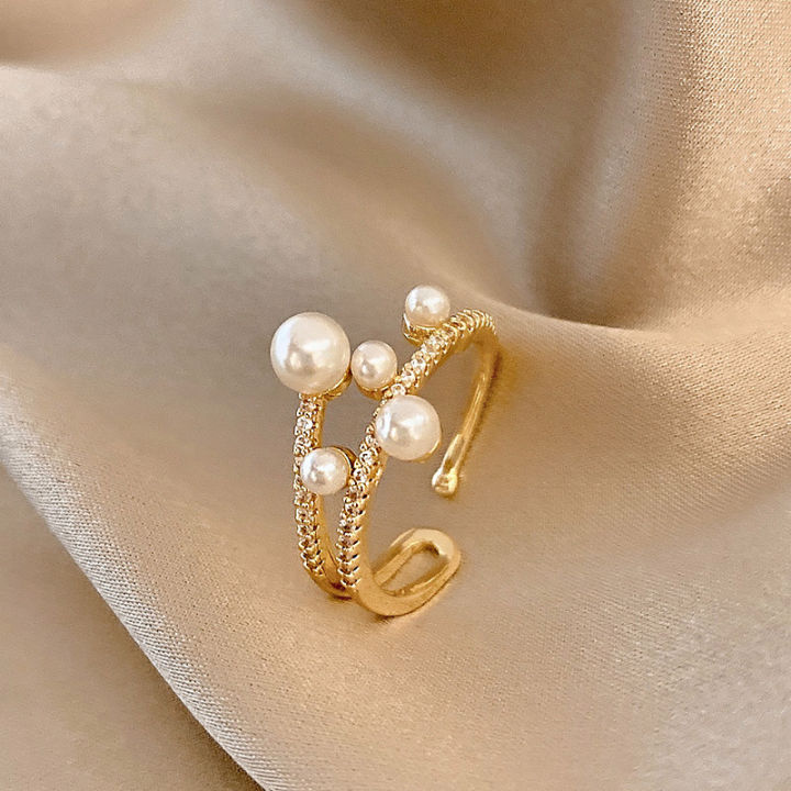 Japanese style diamond pearl hollow ring women's light luxury niche ...