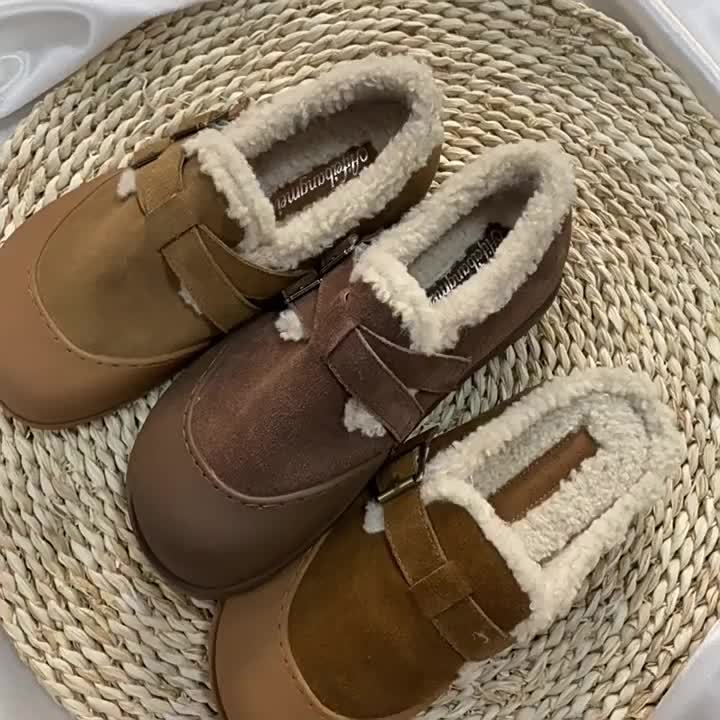 รองเท้า Bocen ส้นแบนหนังแท้แมทช์ลุคง่ายรองเท้าผ้าฝ้ายบุขนกำมะหยี่สำหรับ ...