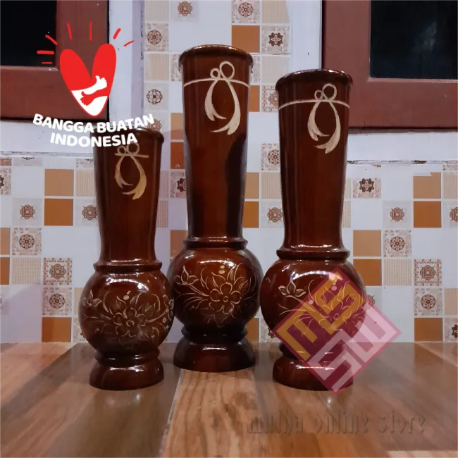 Bisa COD Set ( 3 Buah ) Vas Bunga Kayu Jati Model Cukit / Ukiran Jepara ...