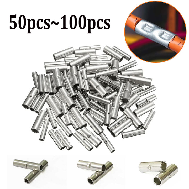 50pcs Butt Wire Copper Tinned Splice Crimp Bare Terminals Crimping Kit Connectors Terminals Tube ...