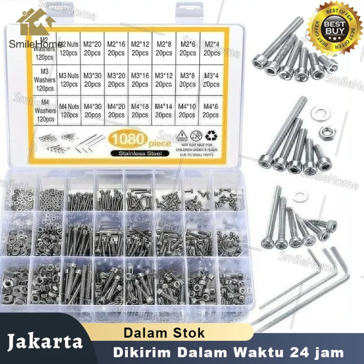 1080PCS Mur dan Baut Set 304 Stainless Steel M2 M3 M4 Kepala Datar Hex ...