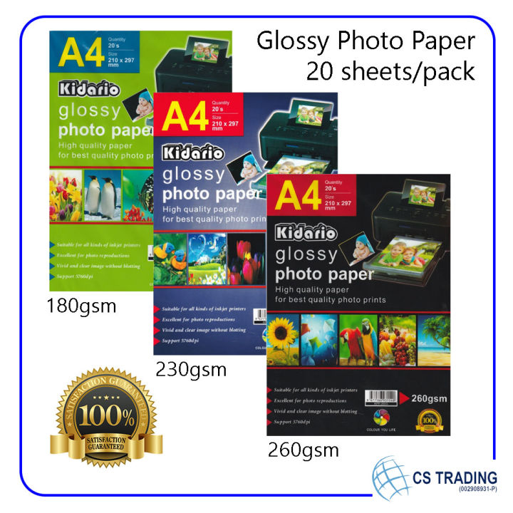 A4 KIDARIO 180 gsm / 230 gsm / 260gsm GLOSSY PHOTO PAPER 20S / KERTAS PHOTO GLOSSY A4 230GSM 20 ...
