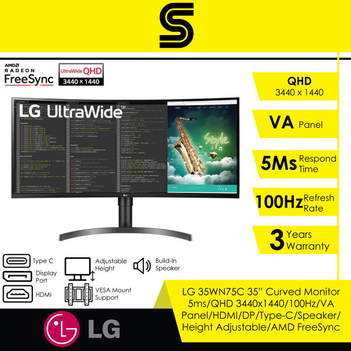 LG 35WN75C 35” Curved Monitor - 5ms/QHD 3440x1440/100Hz/VA Panel/HDMI ...