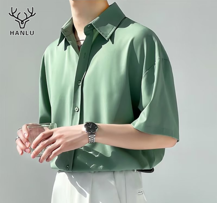 Hanlu เสื้อเชิ้ตเท่ๆ เสื้อเชิ้ตแขนสั้นชาย,ผ้าไหมน้ำแข็งทรงหลวมและบาง ...