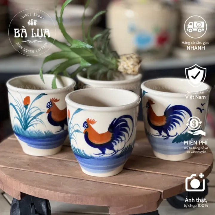 [Gốm thủ công] Ly gốm vẽ con gà xưa 290ml thủ công cao cấp bóng đẹp ...