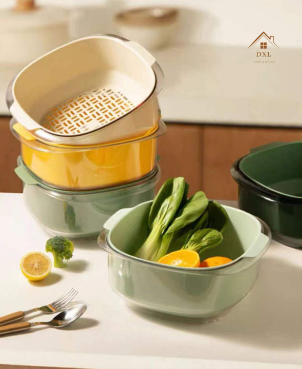 DXL Double-Layer Vegetable Wash Basin Drain Basket Kitchen Plastic ...