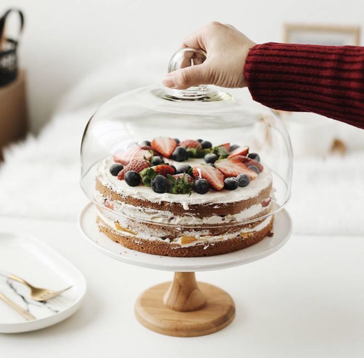 24 Kitchen Bamboo Cake Stand with White Ceramic Plate and Glass Lid ...