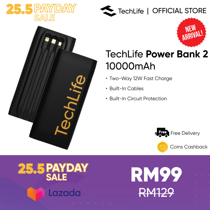 TechLife Power Bank 2 10000mAh | Two-Way Fast Charging | Built-in Type ...