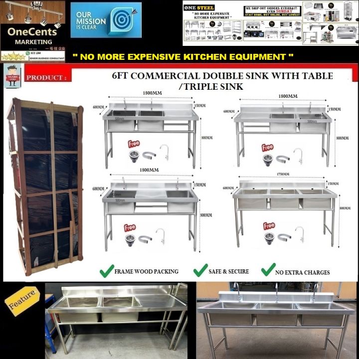 SINKI 6 KAKI STAINLESS STEEL BESI TEBAL 不锈钢水槽商用洗盘/BASIN SINK BASUH WITH ...
