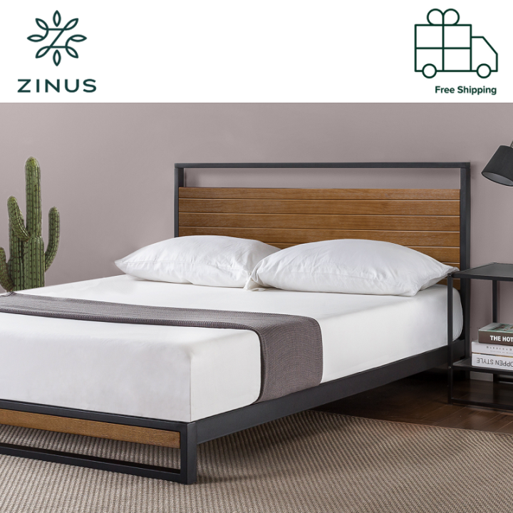 Zinus Bed Frame Suzanne Metal and Wood Platform Bedframe | Lazada Singapore