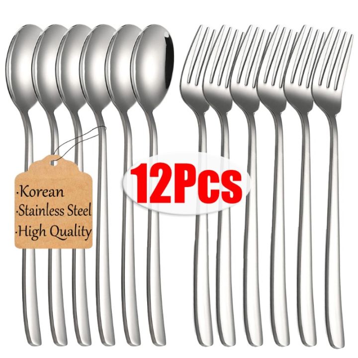 12Pcs Korean Style Cutlery Flatware Set / Thick Stainless Steel Dining ...