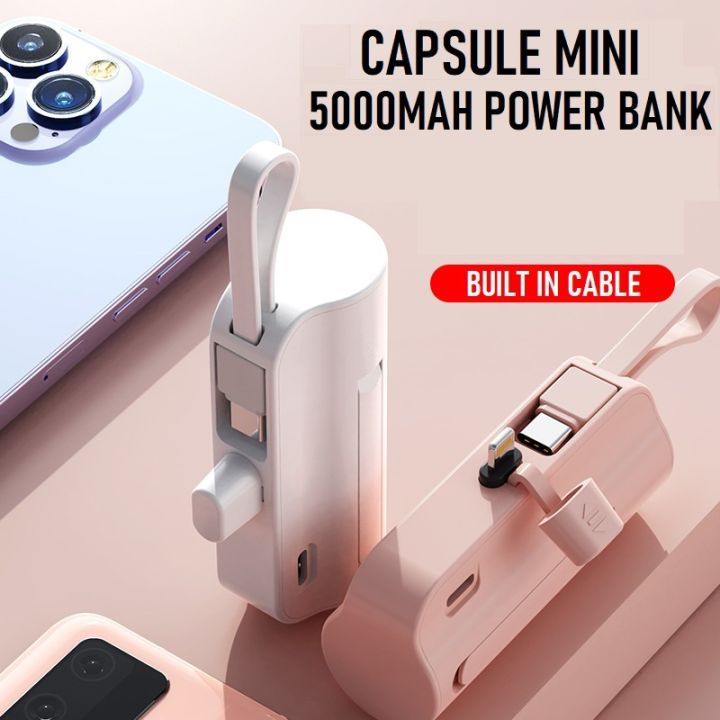 Mini 5000mAh Power Bank Built in Cable Portable Charger Capsule ...