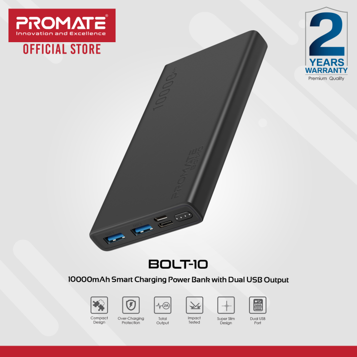 Promate Bolt-10 10000mAh Compact Smart Charging Powerbank with Dual USB ...