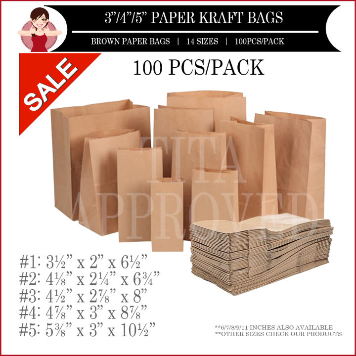 3"/4"/5" inches Thick 100 Pcs Brown Kraft Paper Bag Paperbag Take Out ...