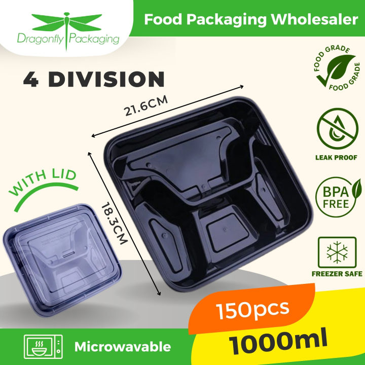 [Wholesale] Dragonfly 1000ML 4 Division Black Bento Lunch Box with Lid x150PCS Microwavable ...