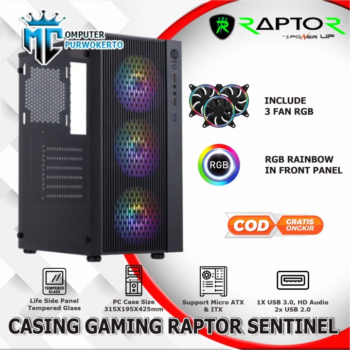 Casing ATX Gaming Tempered Glass Free 3 Fan RGB Case Raptor Sentinel ...