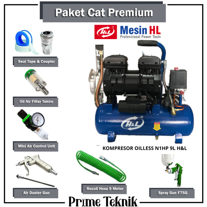 PAKET Lengkap Kompresor Listrik H&L N1HP 9 Liter Oilless Portable Air ...