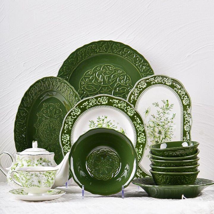 ชุดจานและจานเซรามิก Relief บาร็อคสไตล์นอร์ดิกชุดอาหารเย็นที่บ้านงานแกะสลักวินเทจวังชามก๋วยเตี๋ยว ...