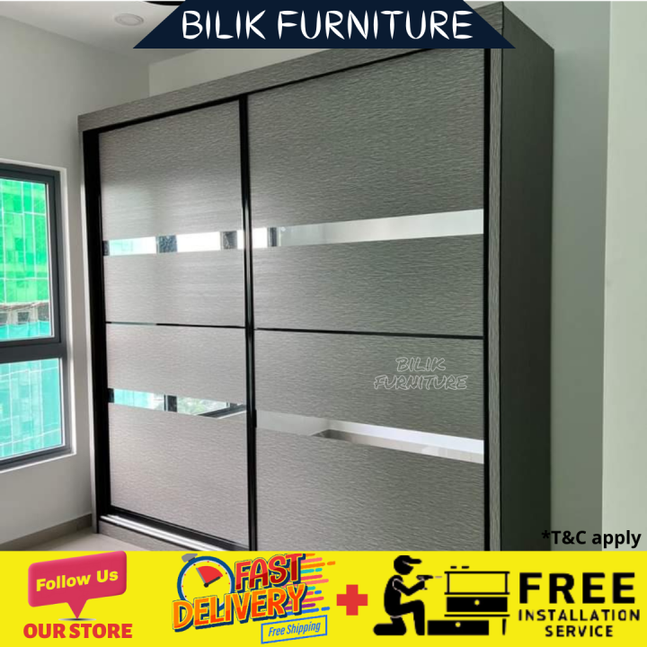 🔥FREE INSTALLATION🔥Anti Jump Sliding Door Wardrobe 6x8,8x8 | MDF Wood | Almari Anti-Jump | Lazada