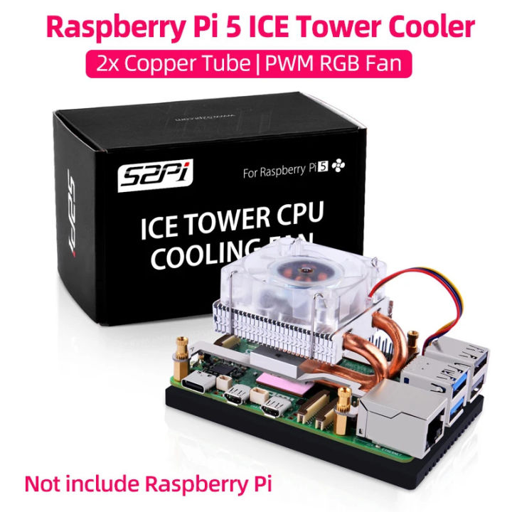 Raspberry Pi 5 Low-Profile ICE Tower Cooler RGB LED Light Cooling Fan ...