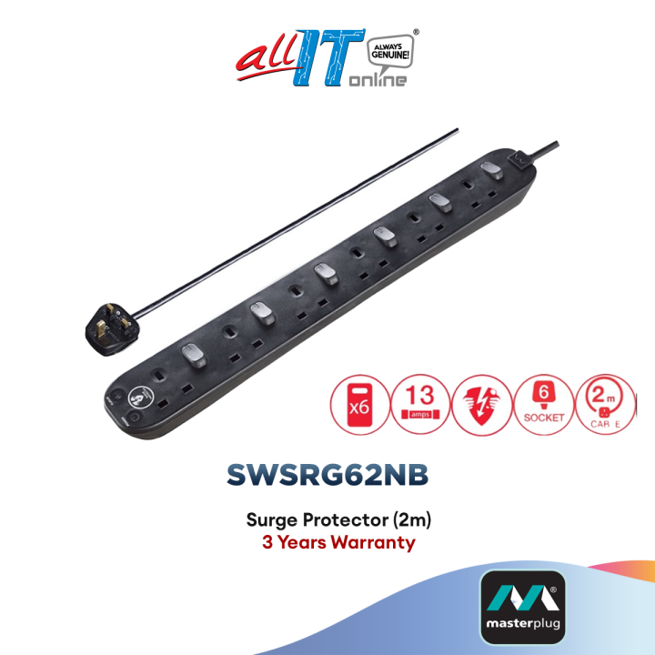 Masterplug Surge Protector 6 Gang 2 Meter Switched Extension Leads ...