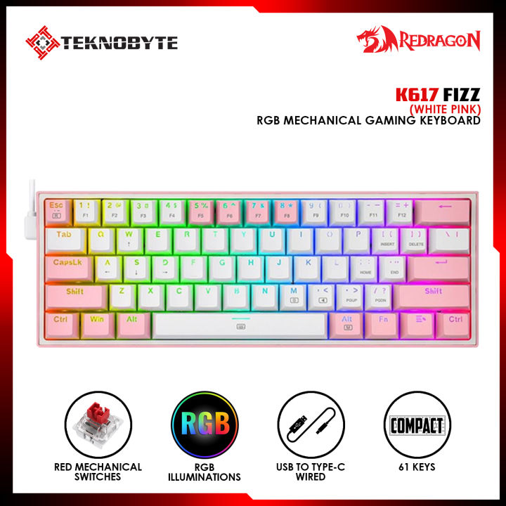 Redragon Fizz K617 RGB WHITE PINK USB Mini Mechanical Gaming Keyboard ...