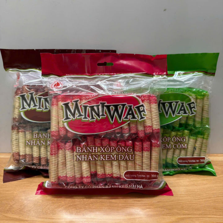 Bánh Xốp Ống MINIWAF Nhân Kem Dâu/Cốm Hải Hà gói 300g | Lazada.vn