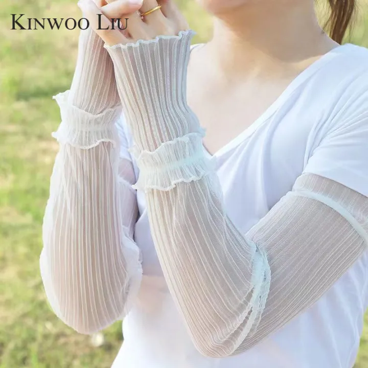 Kinwoo Liu แขนเสื้อกันแดดแขนป้องกันรังสียูวีสำหรับผู้หญิงถุงมือตาข่าย ...