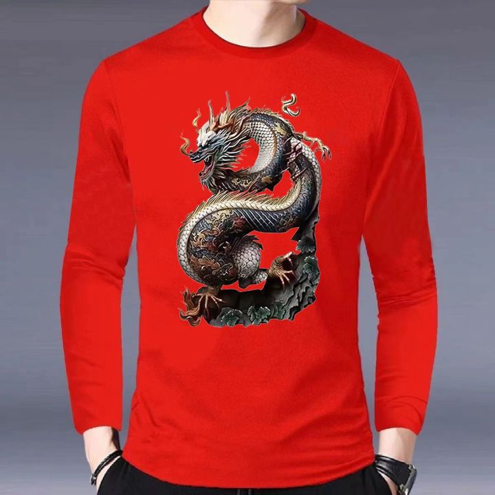 FULAIDA เสื้อยืดลายมังกรปีแขนยาวผู้ชาย Kuishou Douyin อินเทอร์เน็ตคนดัง ...