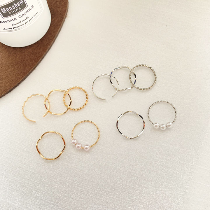Female Japanese Korean Simple Pearl Wave Combination Ring Set of Five Pieces Personalized Ring ...